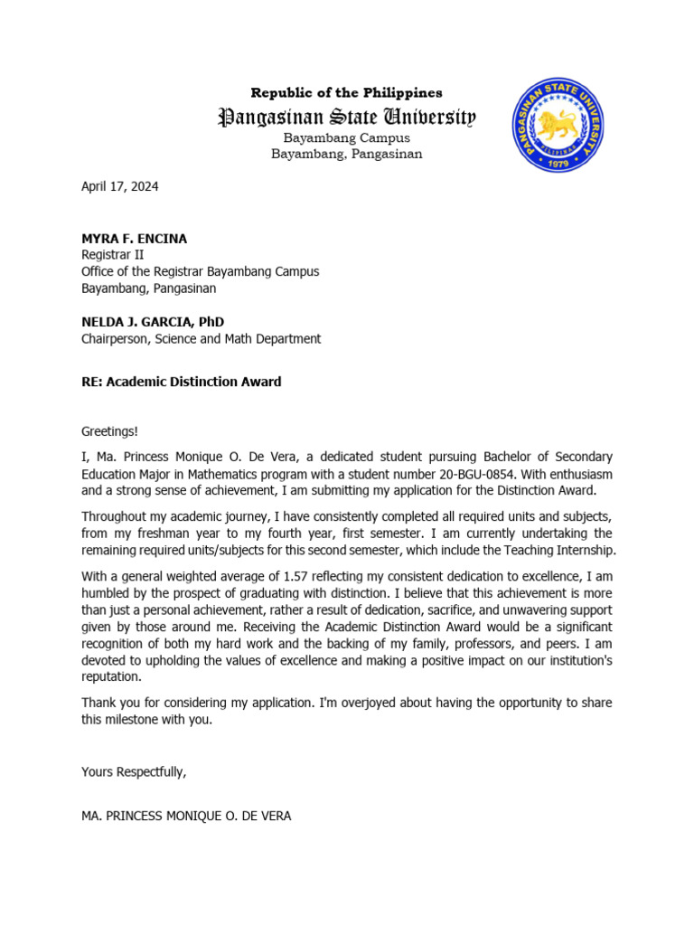 Academic Distinction Application | PDF | Wellness