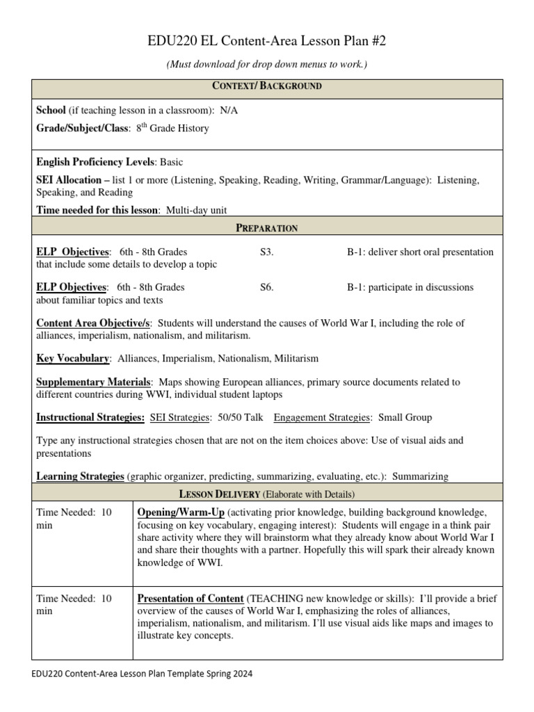 El Content-Area Lesson Plan 2 Rackley Draft 2 | PDF | Lesson Plan ...