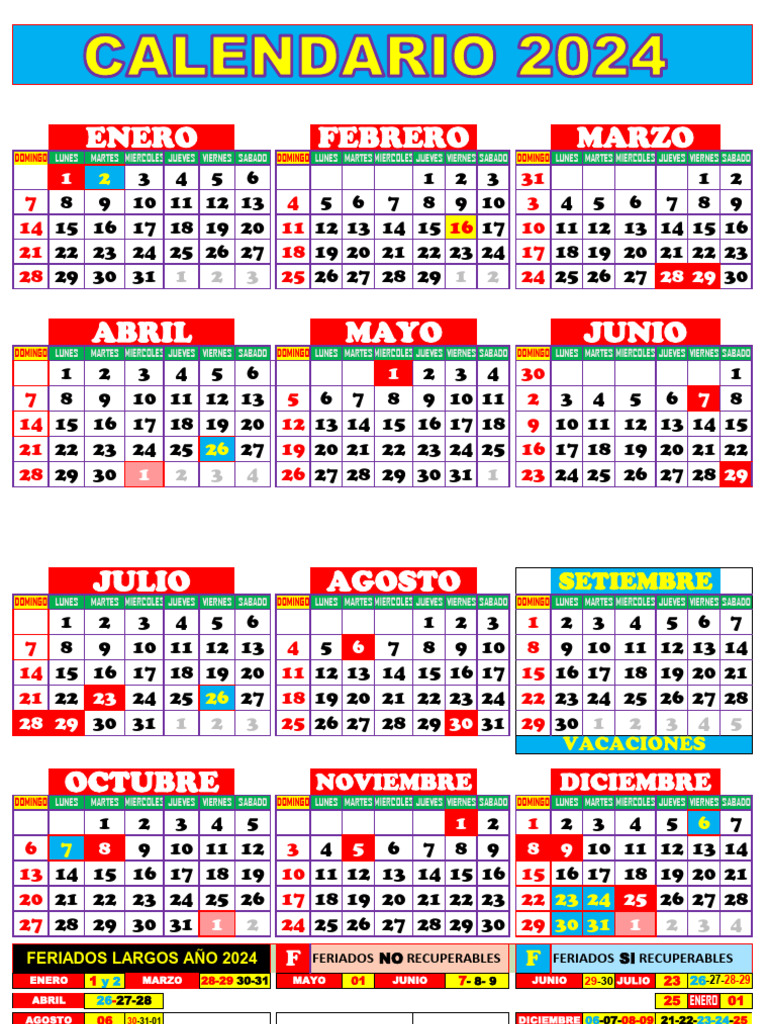 Calendario 2024 y Feriados | PDF | Calendario | Unidades de medida