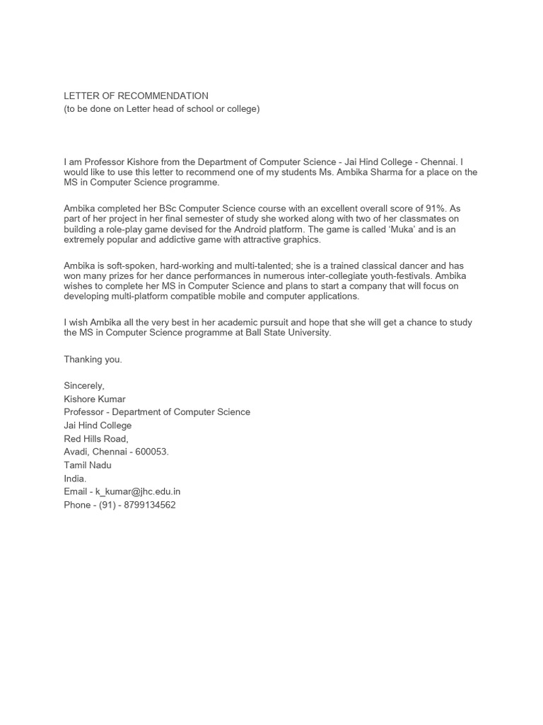 Recommendation for MS in Computer Science | PDF