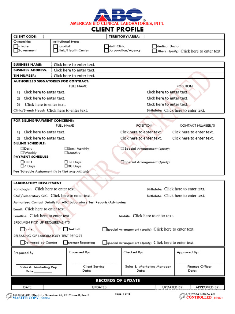 FM-MGR-401 Client Profile | PDF | Health Care