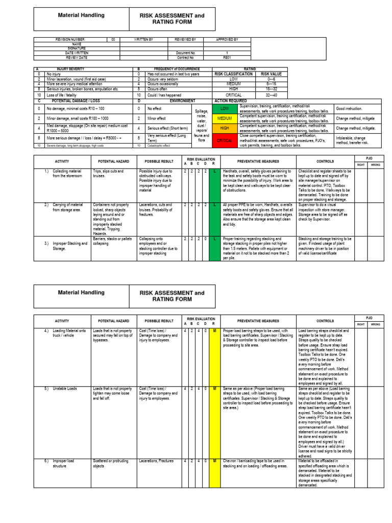 Material Handling Risk Assessment Form | PDF | Occupational Safety And ...