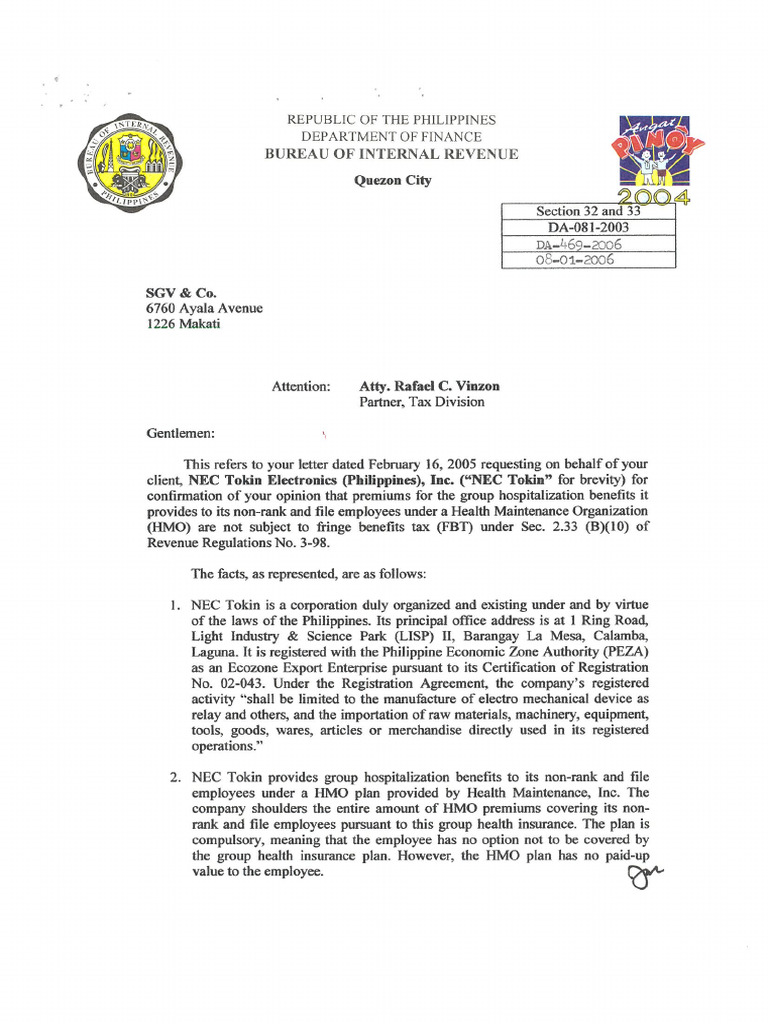 BIR Ruling DA-081-2003 DA 469-2006 08 01 2006 (HMO Not Subject To FBT ...