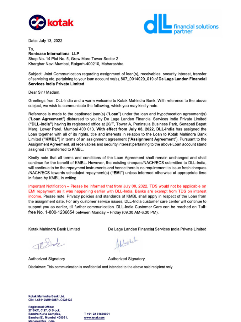 DLL Kotak Take Over Letter | PDF