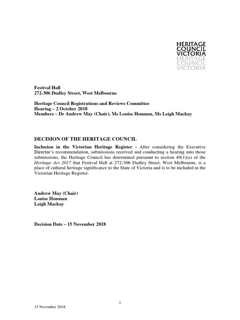Decision of The Heritage Council Festival Hall 15112018 | PDF