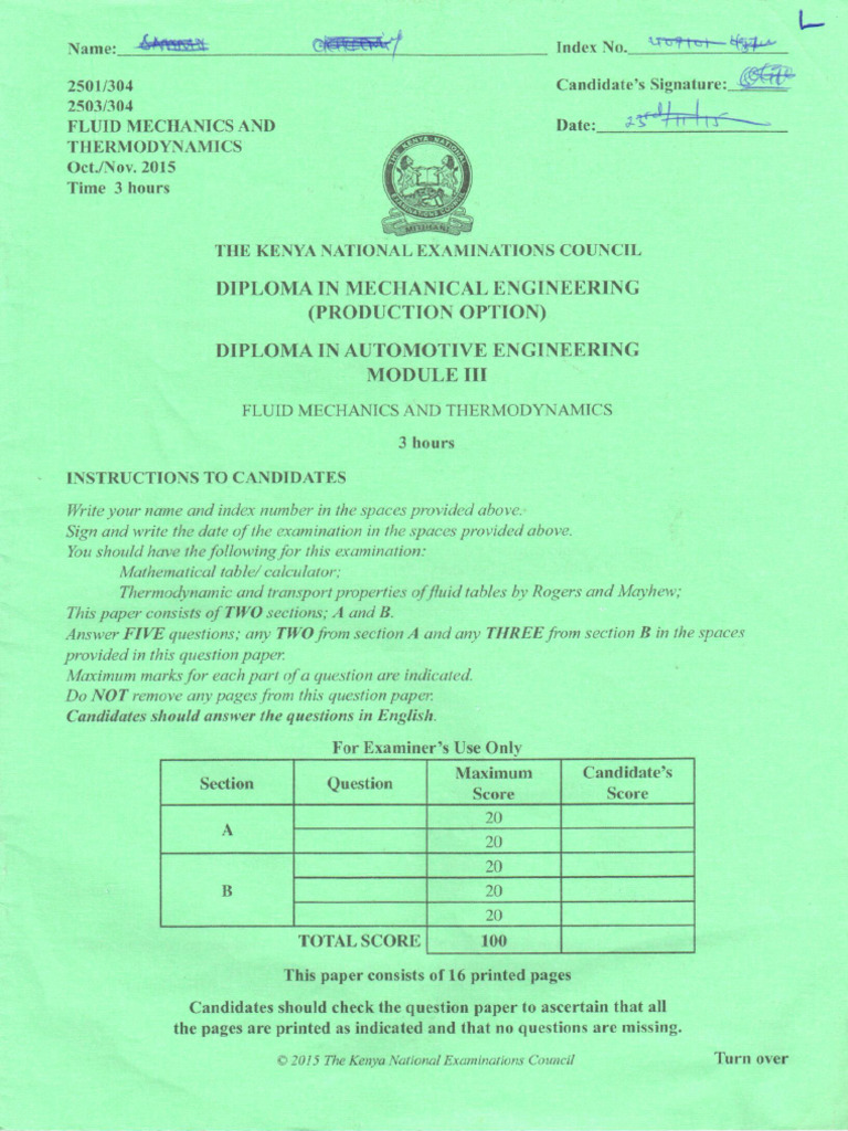 KNEC.2015.Oct-Nov.2503.304-Fluid Mechanics and Thermodynamics | PDF
