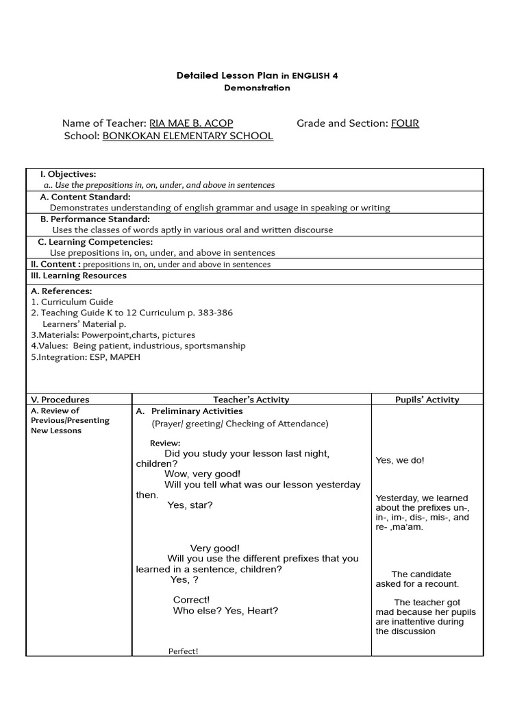 Lesson Plan: Prepositions for Grade 4 | PDF | Preposition And ...