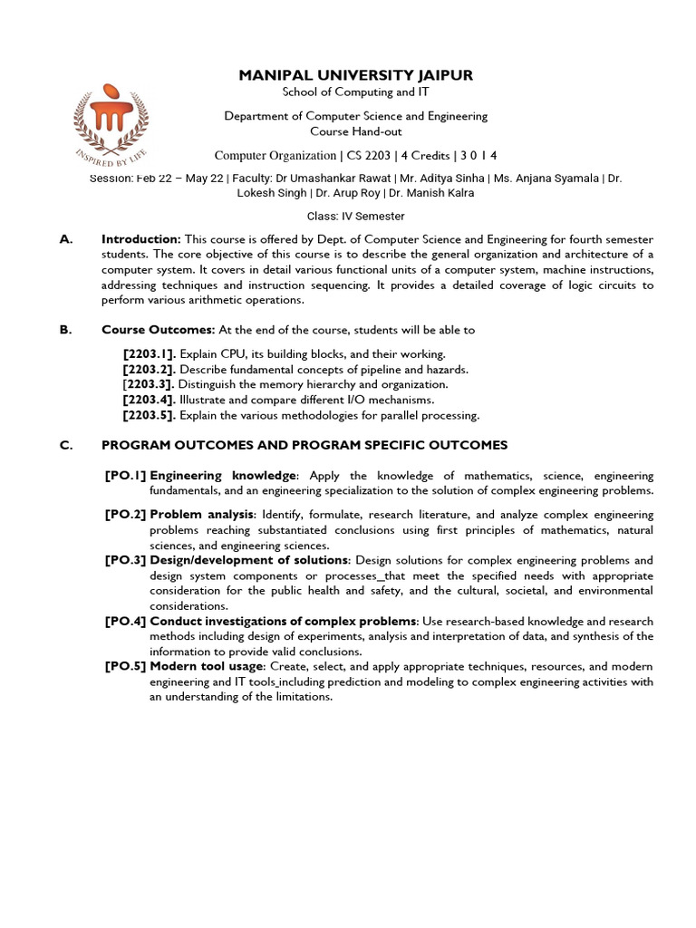 Course Handout CS2203 - 2022 | PDF | Engineering | Central Processing Unit