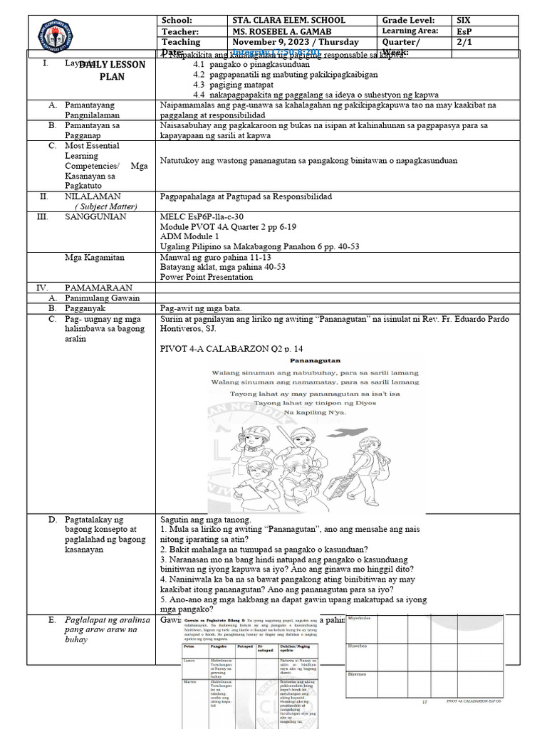DLP Esp 6 Q2 W1 Day 4 | PDF