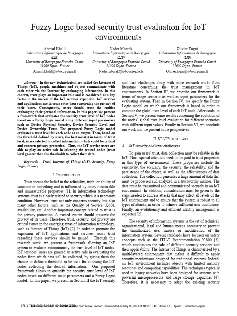 Fuzzy Logic Based Security Trust Evaluation For Iot Environments Download Free Pdf Internet