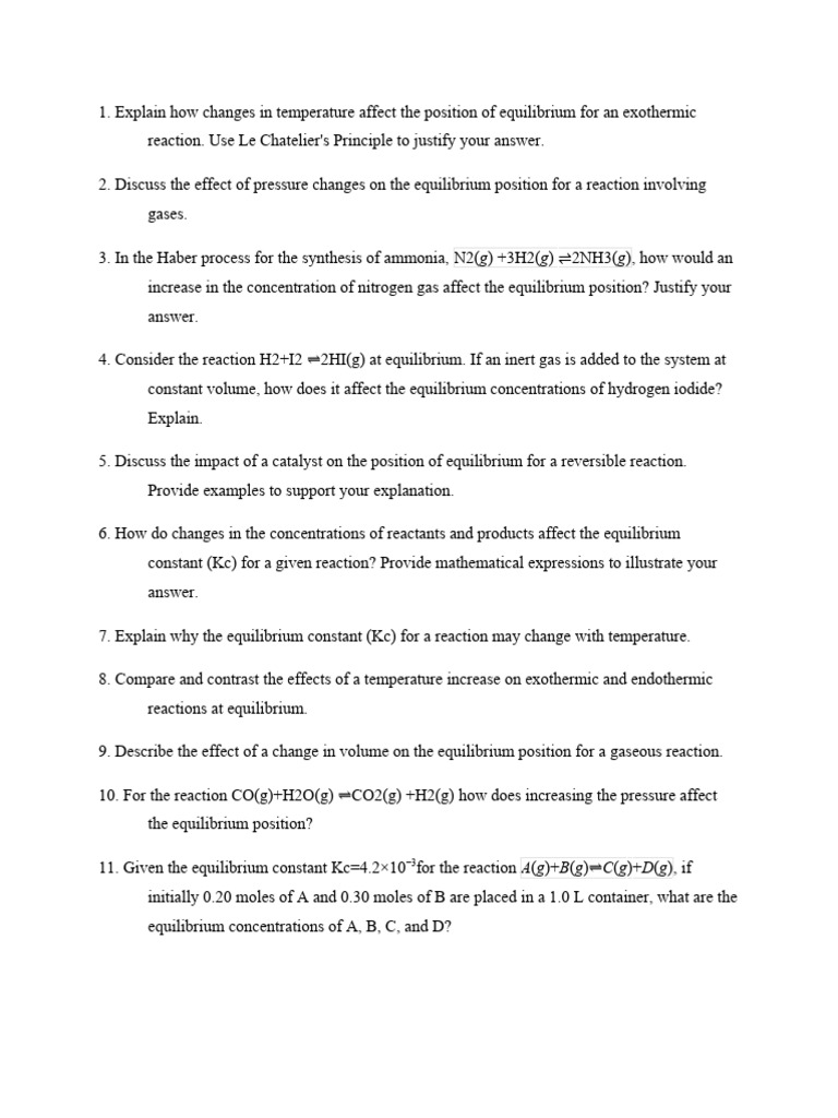 Worksheet On Chemical Equilibrium | PDF | Chemical Equilibrium | Continuum Mechanics