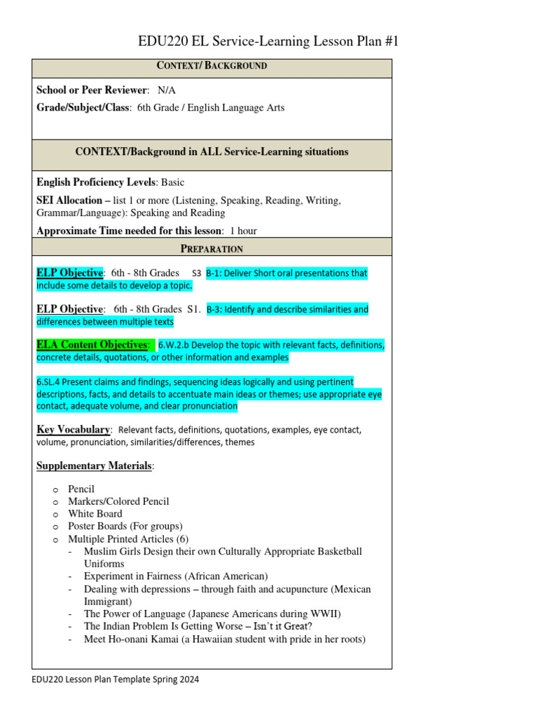 El Lesson Plan Final Rackley 1 | PDF | Pedagogy | Human Communication