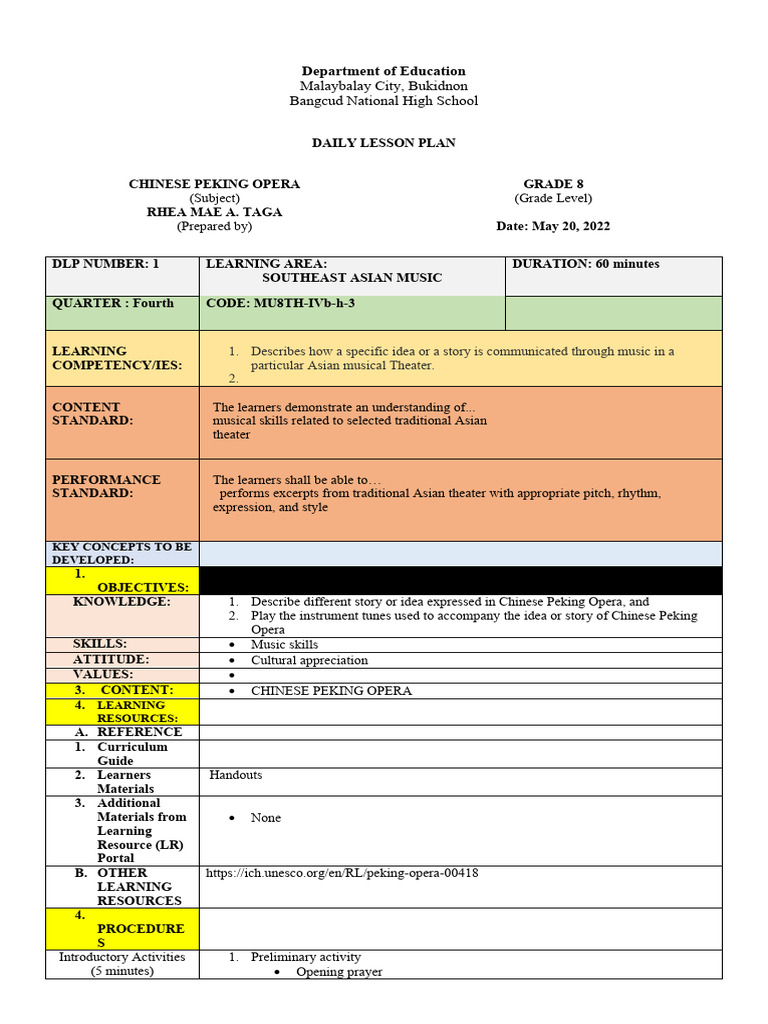 Grade 8 Chinese Peking Opera Lesson Plan | PDF | Learning | Emperor Of ...