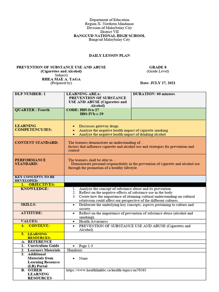 Lesson Plan Grade 8 Health Pdf Electronic Cigarette Tobacco Smoking