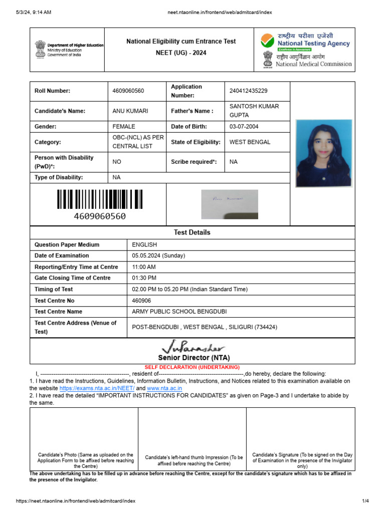 Neet - Ntaonline.in Frontend Web Admitcard Index | PDF | Identity Document