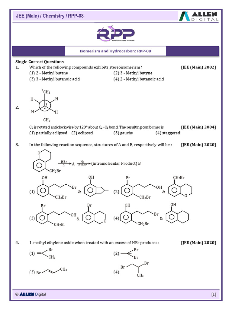 @bohring - Bot 8. RPP-08 (Isomerism and Hydrocarbon) | PDF | Conformational Isomerism | Methyl Group