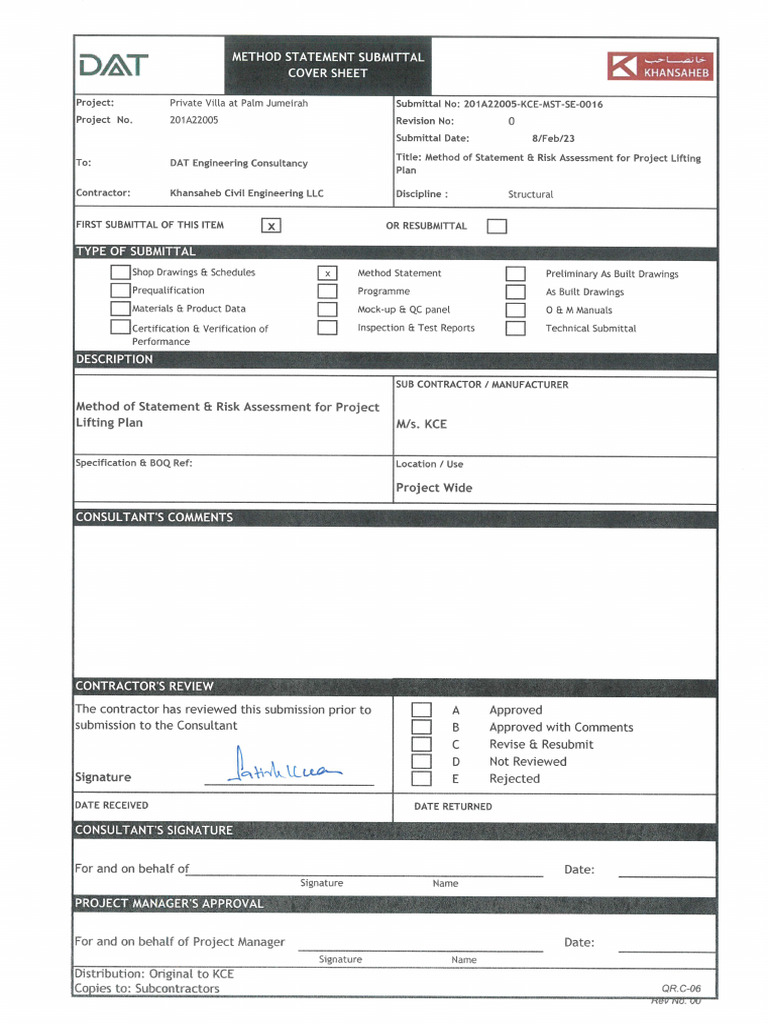 Method Statement & Risk Assessment for Project Lifting Plan | PDF