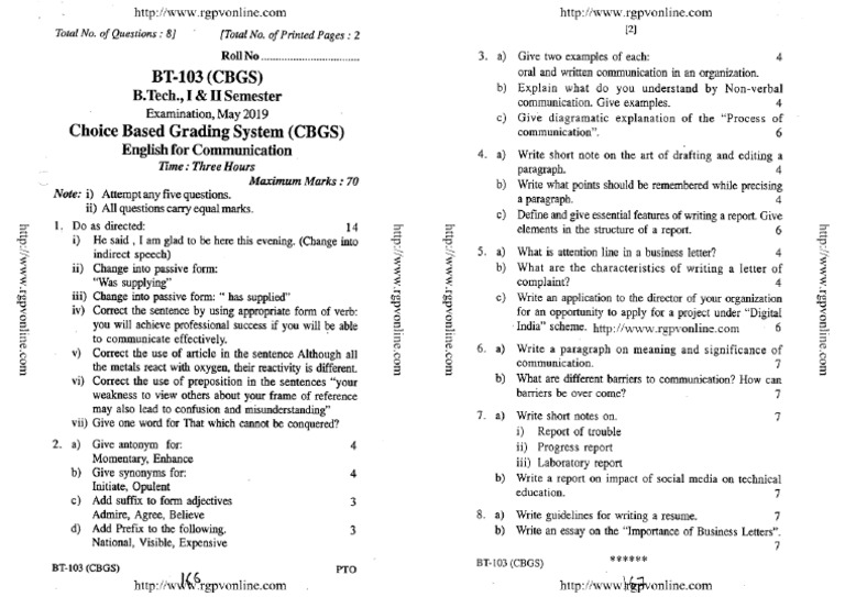 BT 103 English For Communication May 2019 | PDF