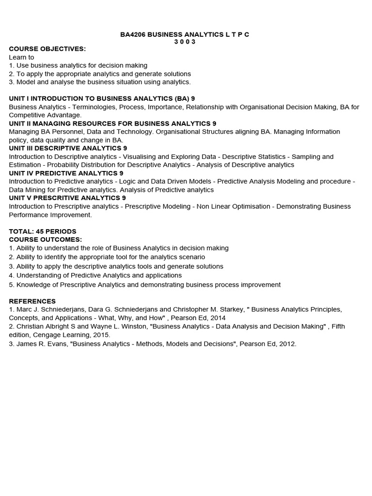 Ba4206 Business Analytics L T P C Sylabus | PDF | Operations Management ... Ba4206 Business Analytics L T P C Sylabus | PDF | Operations Management ...