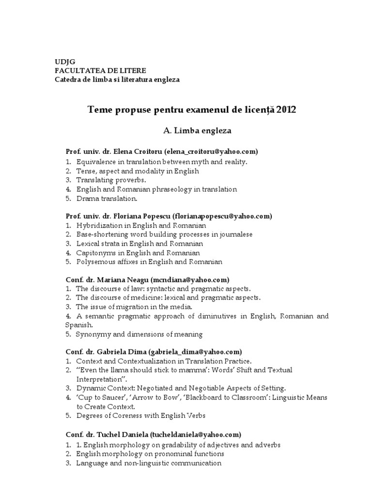 Litere. Teme Licenta Engleza | PDF | English Language | Fairy Tales