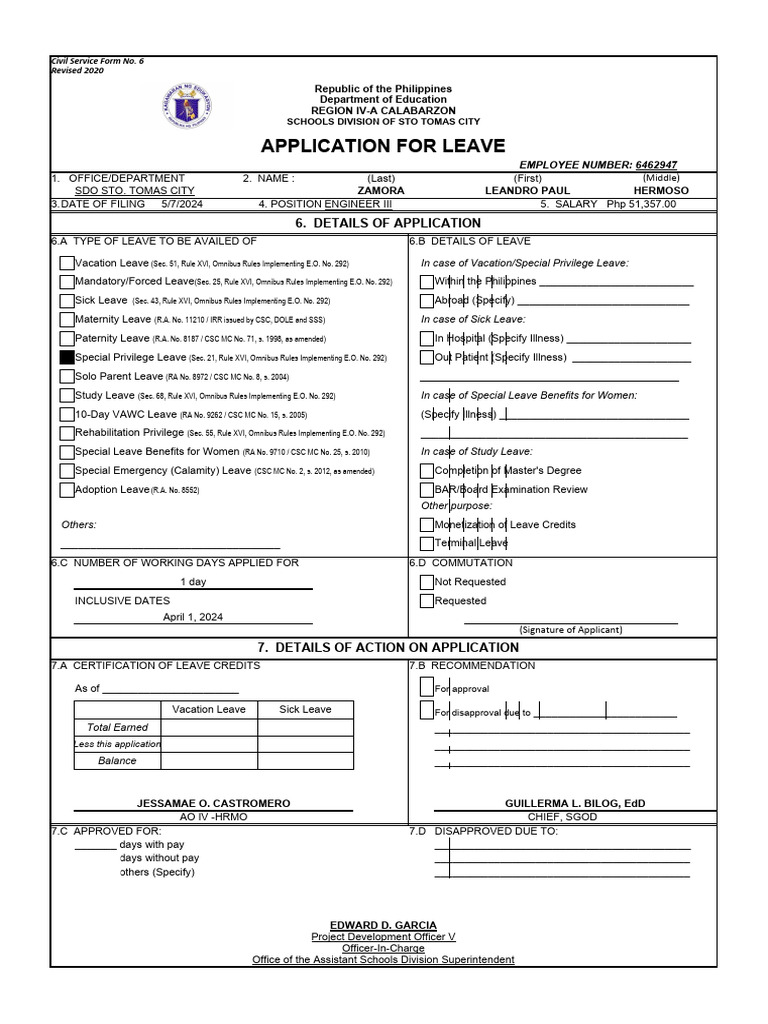 CS Form No. 6 Revised 2020 Application For Leave Fillable | PDF