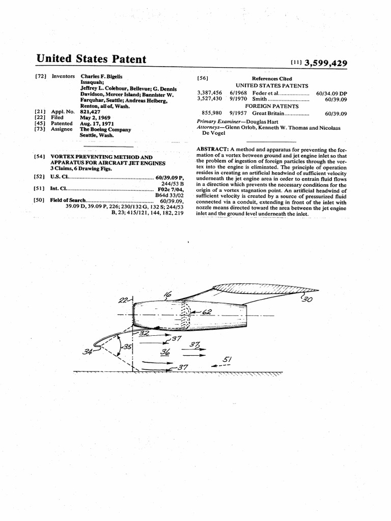 US3599429 Engine Air Deflector | PDF | Jet Engine | Vortices