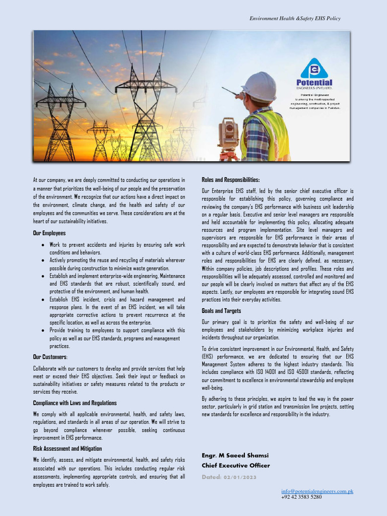 EHS Policy | PDF | Occupational Safety And Health | Regulatory Compliance