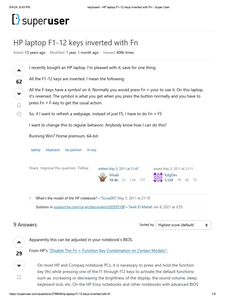 Keyboard - HP Laptop F1-12 Keys Inverted With FN - Super User | PDF ...