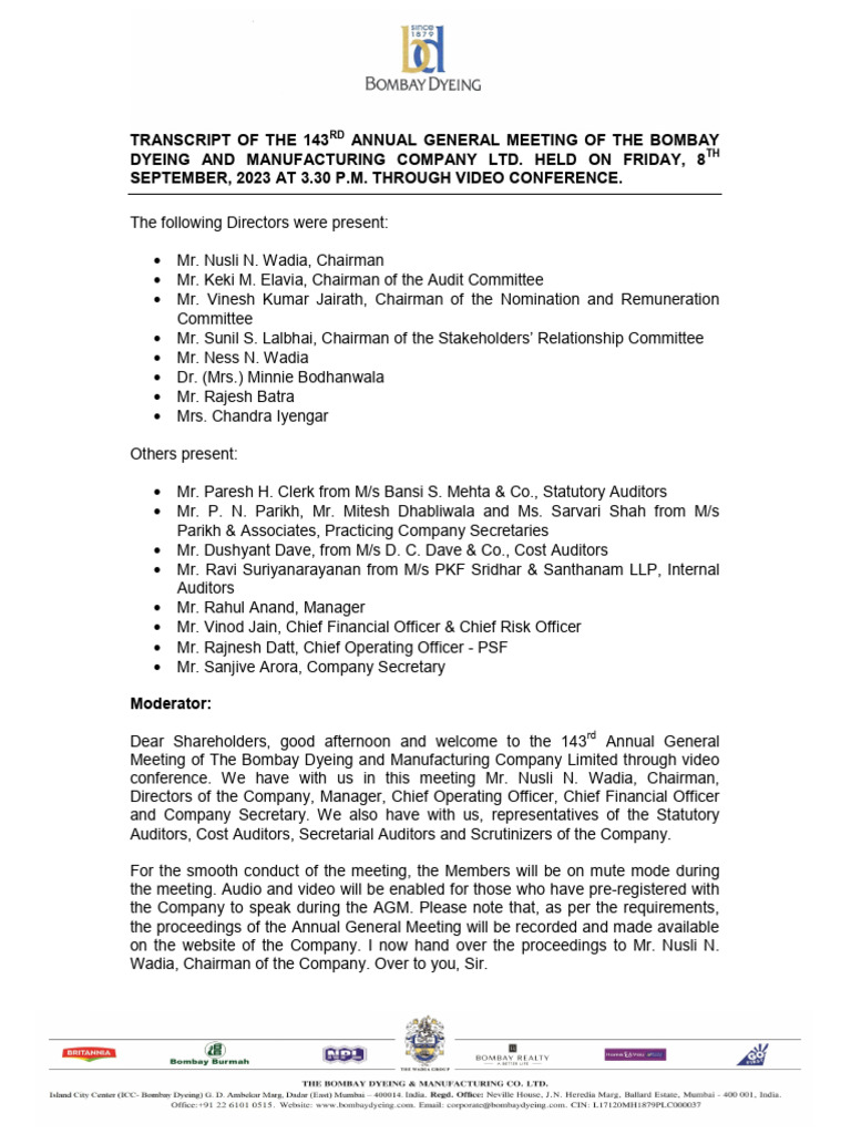 AGM Transcript-08.09.2023 | PDF | Equity (Finance) | Economies