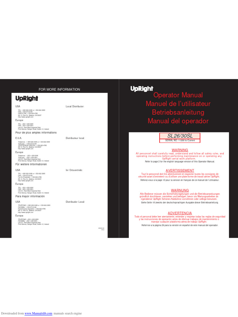 UpRight SL26/30SL Operator Manual | PDF | Elevator | Manufactured Goods