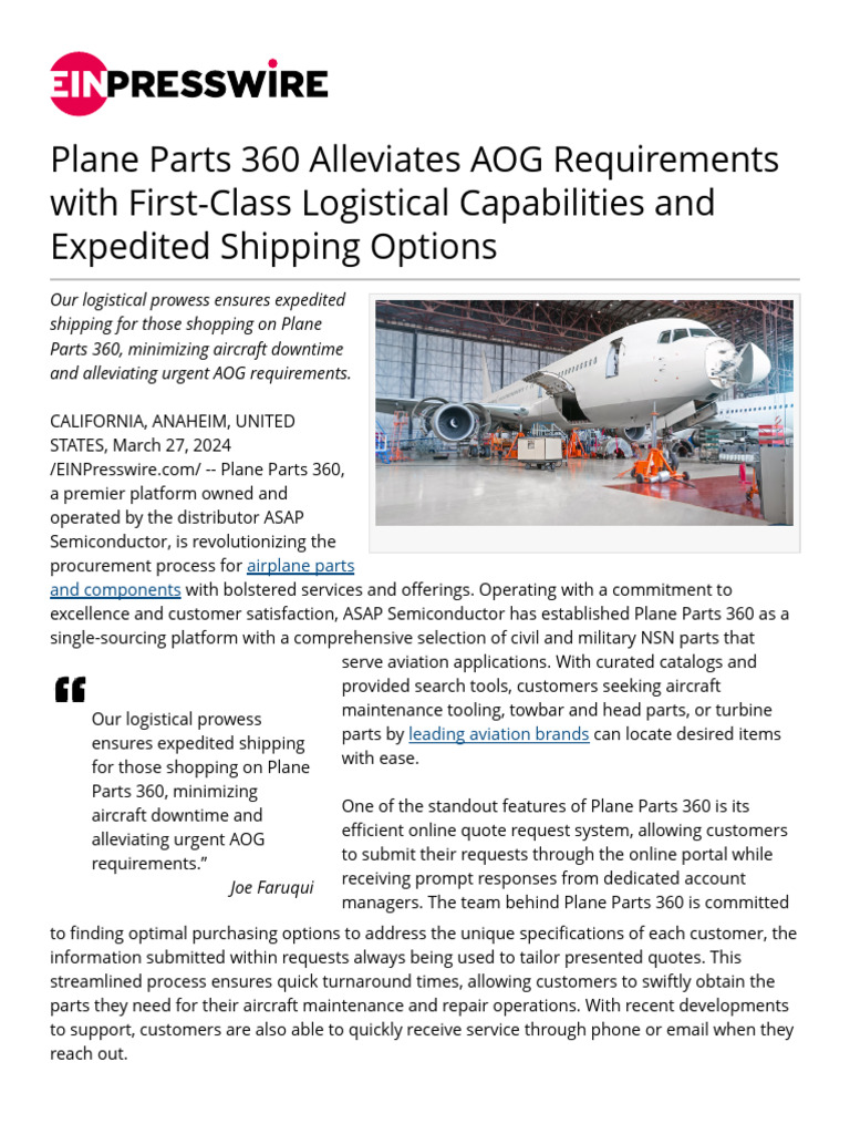 EINPresswire 699123162 Plane Parts 360 Alleviates Aog Requirements With ...