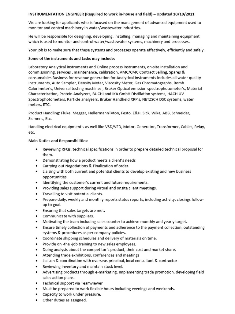 Job Description & Requirements - Instrumentation Engineer | PDF ...