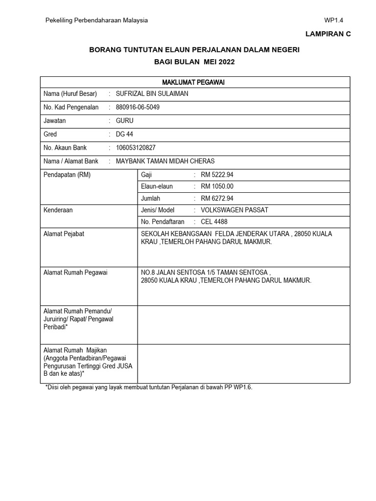 Borang Tuntutan Perjalanan Dalam Negeri SPR PAPA | PDF