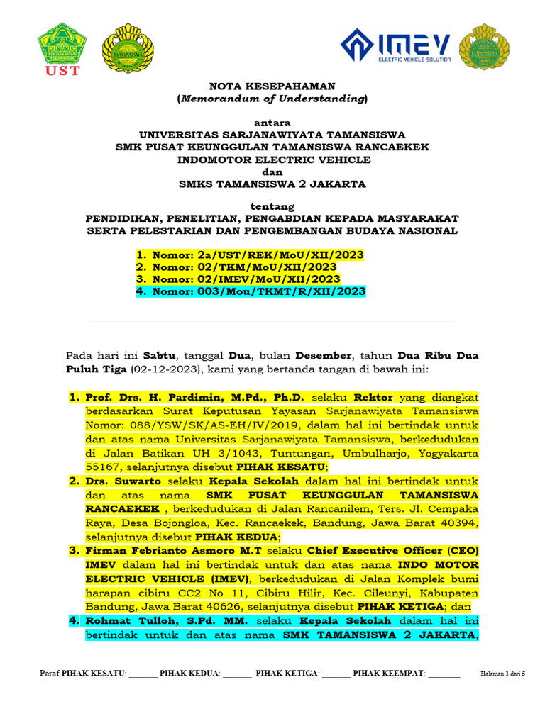 Mou Ust, SMK Tamsis, Imev Dan SMK Tamsis JKT Revisi | PDF