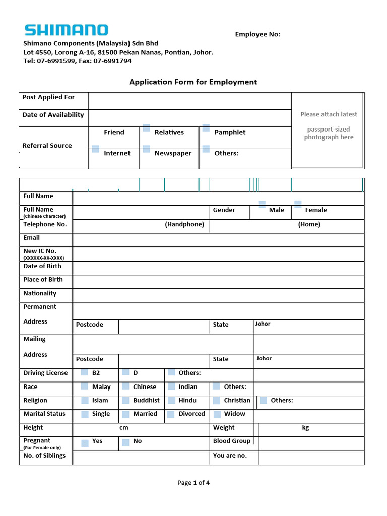 Job-Application-Form-Shimano-Components-Malaysia-Sdn-Bhd | PDF | Employment