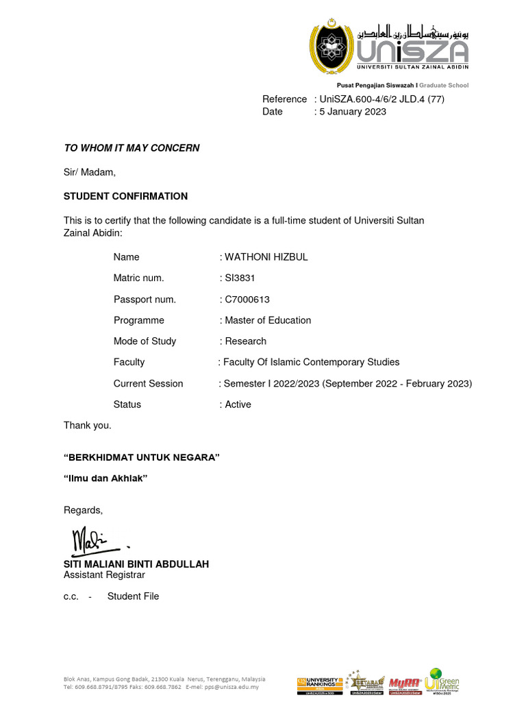 Student Confirmation Letter for Wathoni Hizbul | PDF