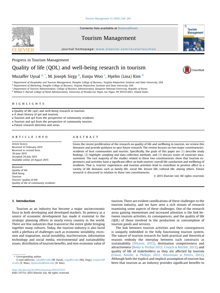 Quality of Life in Tourism Research | PDF | Quality Of Life | Tourism