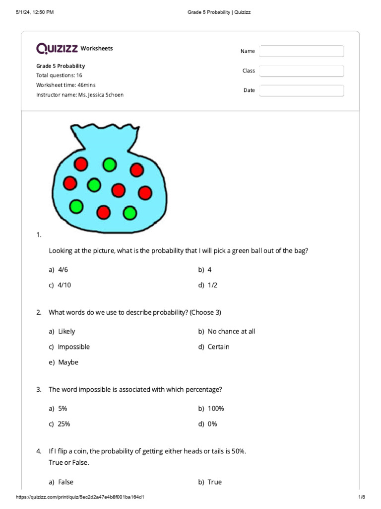 Grade 5 Probability Worksheets | PDF | Odds | Probability Theory