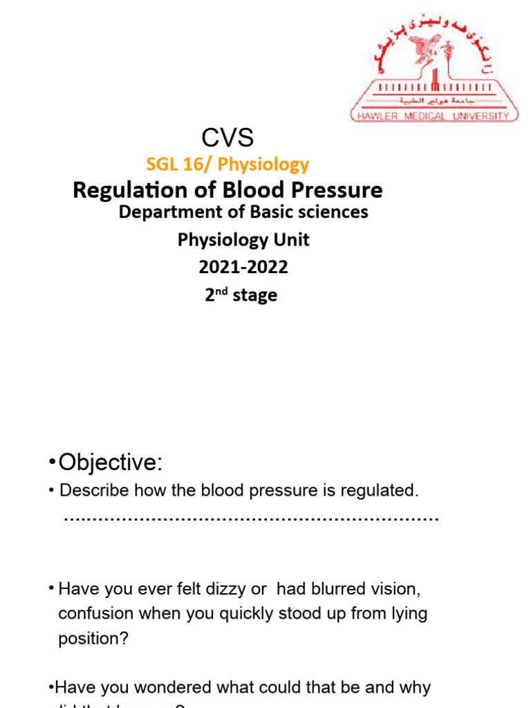 CVS - Regulation of Blood Pressure 21-22 | PDF | Angiotensin | Physiology
