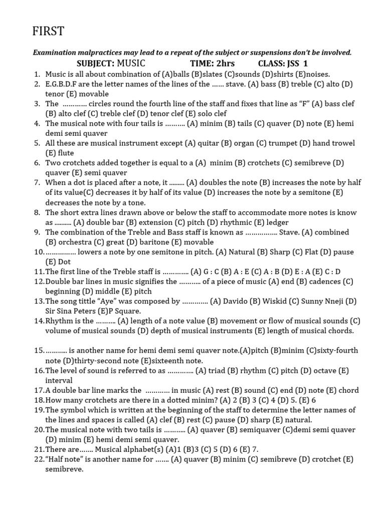 Jss1 1st Term Music Examination | PDF | Clef | Elements Of Music