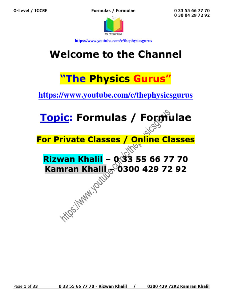 Formula List - O-Level Physics - IGCSE Physics | PDF | Electrical ...