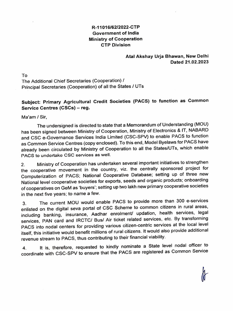 GoI - PACS To Function As CSCs - 21.02.23 | PDF | Government Of India