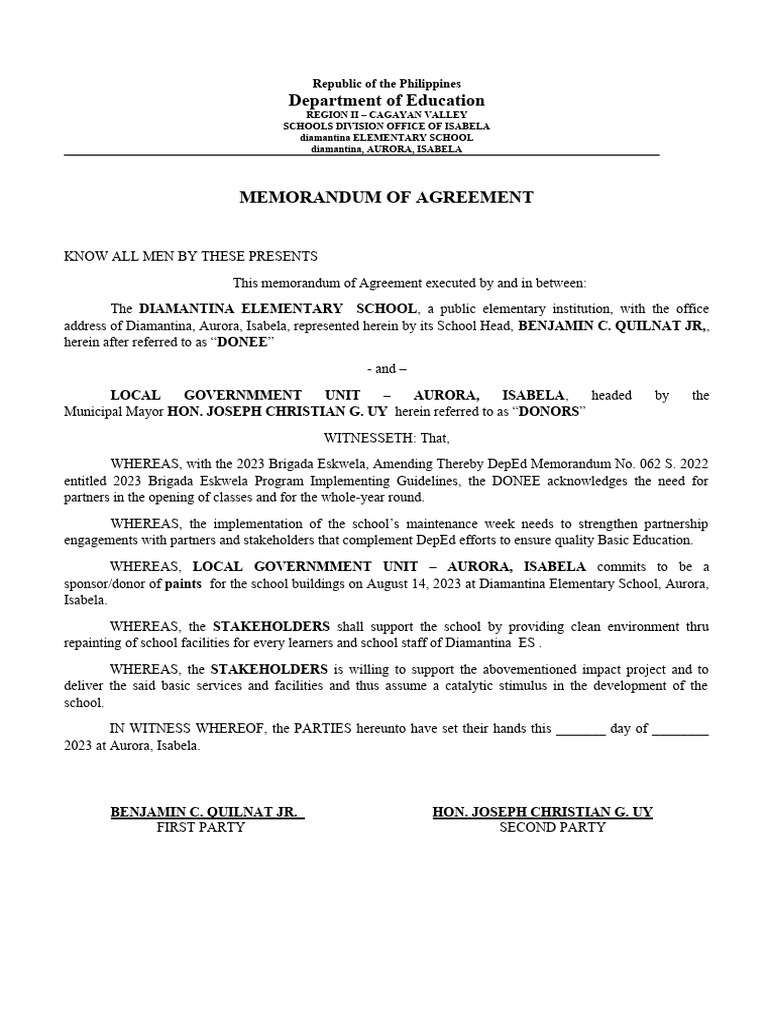 Aurora Isabela School Partnership MOA | PDF