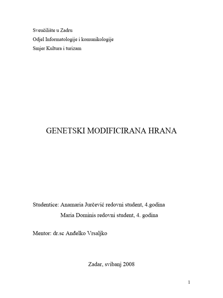 Gmo HRANA - SEMINAR - Prof (1) - Vrsaljko | PDF