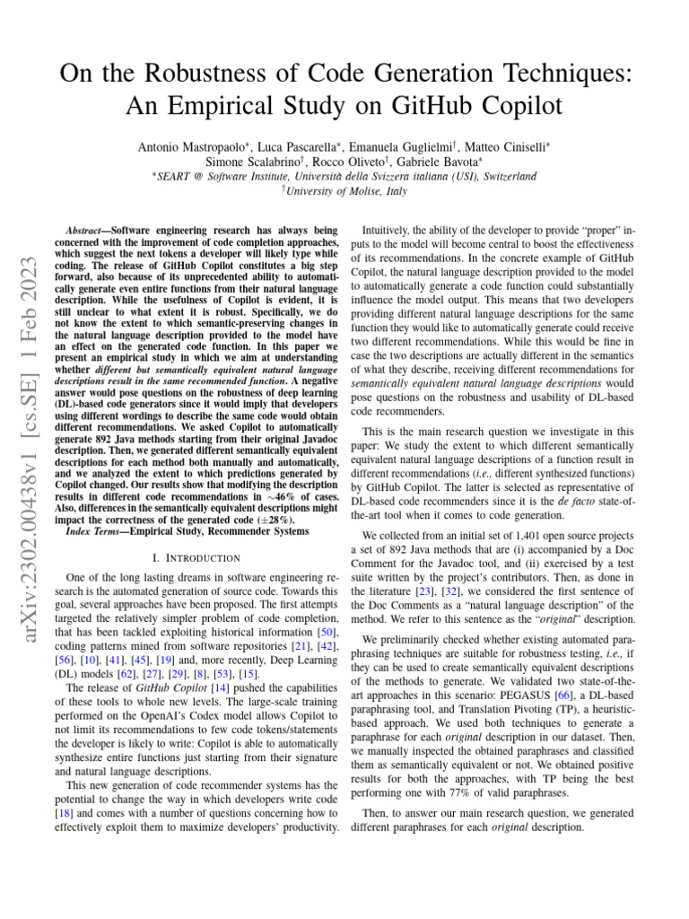 On The Robustness of Code Generation Techniques: An Empirical Study On GitHub Copilot | PDF ...