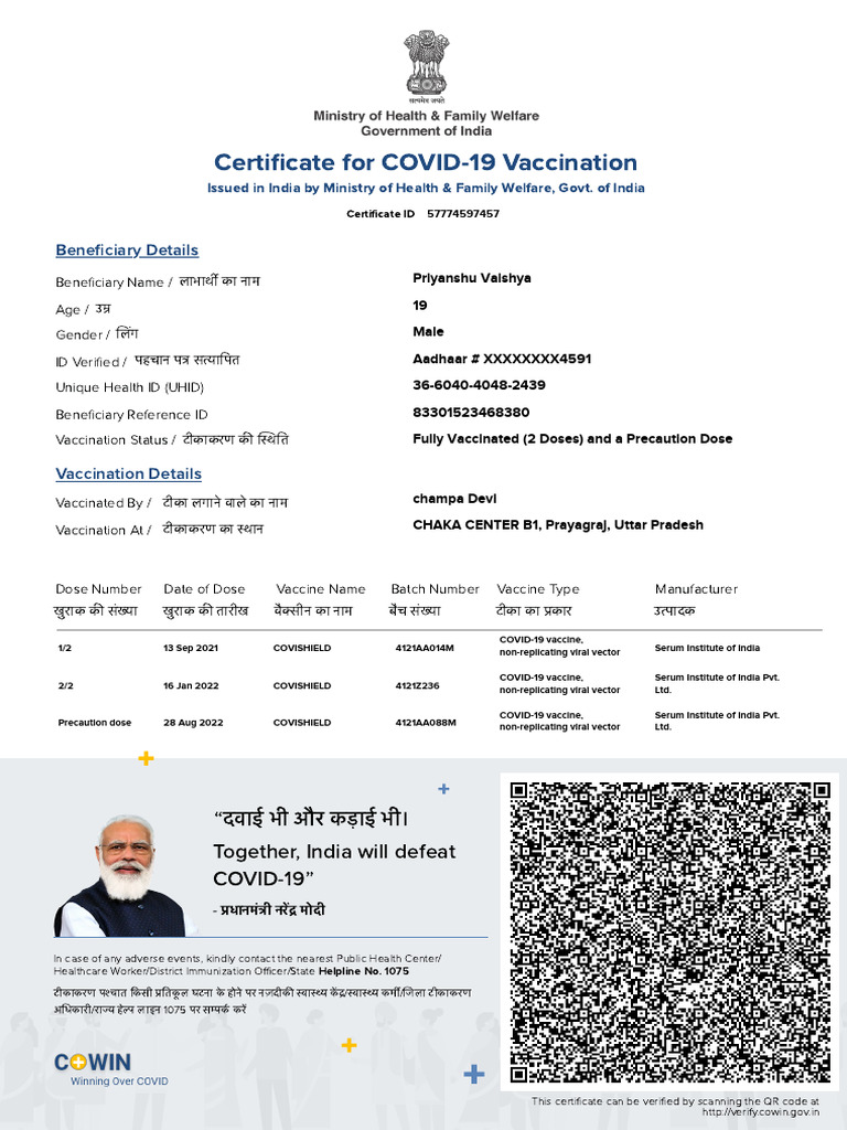 COVID-19 Vaccination Certificate India | PDF | Immunology | Public Health