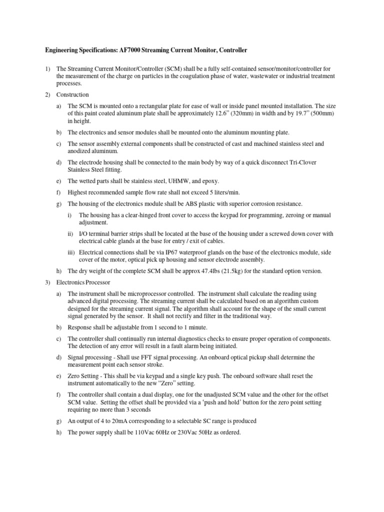 AF7000 Engineering CSI Specifications | PDF | Sensor | Electrical ...