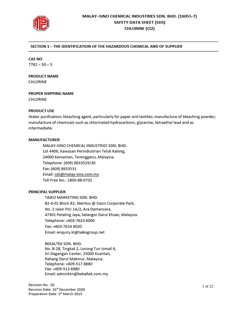 SDS - Chlorine - Cl2 Rev 02 - Eng | PDF | Chlorine | Valve