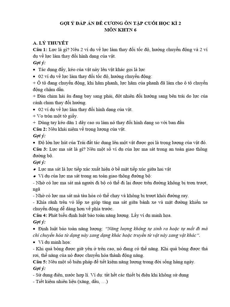 GỢI Ý ĐÁP ÁN ĐỀ CƯƠNG MÔN KHTN 6 HKII 23-24 | PDF