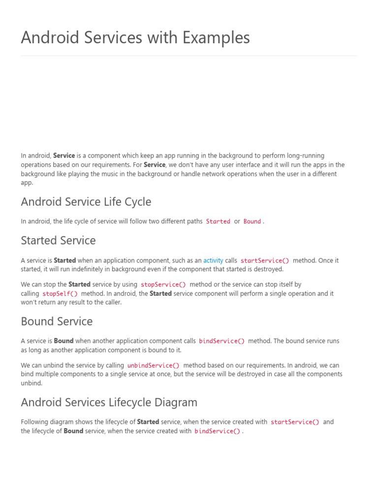 Android Services with Examples | PDF | Method (Computer Programming) | Android (Operating System)